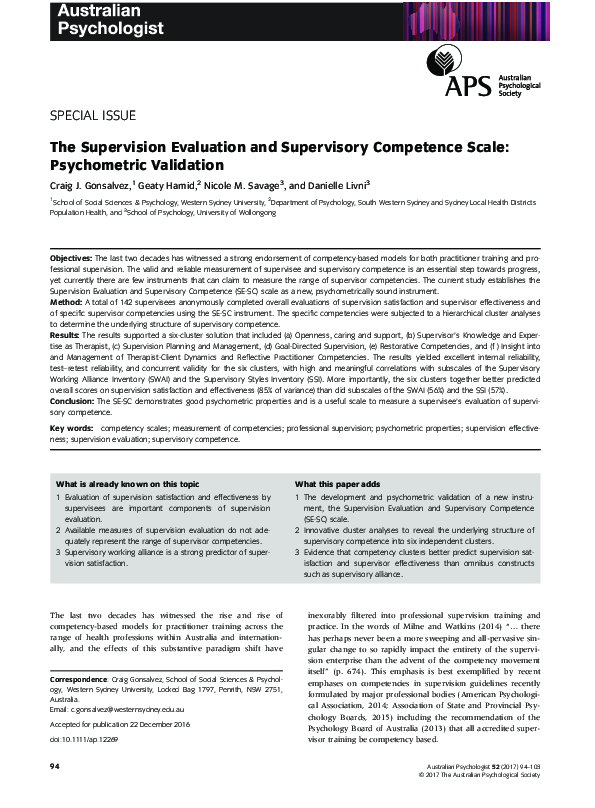 (PDF) Supervision Evaluation and Supervisory Competence--Short Scale
