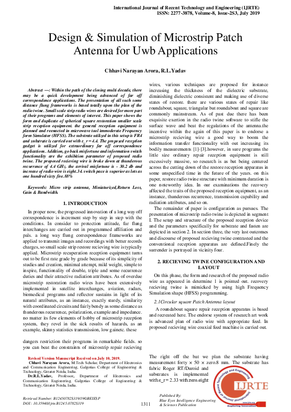 (PDF) Design Simulation of Microstrip Patch Antenna for Uwb Applications