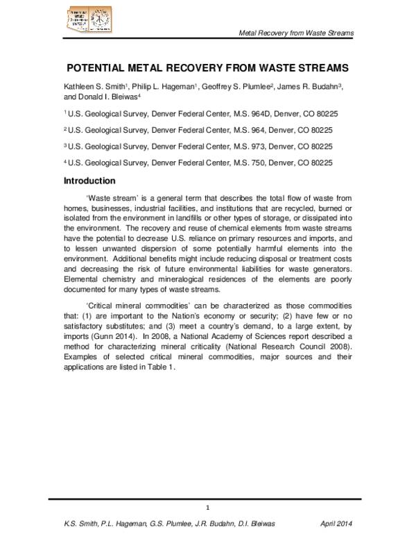(PDF) Potential Metal Recovery from Waste Streams