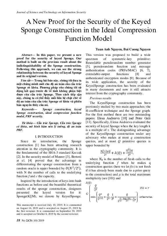(PDF) A new proof for the security of the keyed Sponge construction in ...