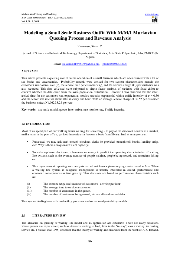 (PDF) Modeling a Small Scale Business Outfit With M/M/1 Markovian Queuing Process and Revenue ...