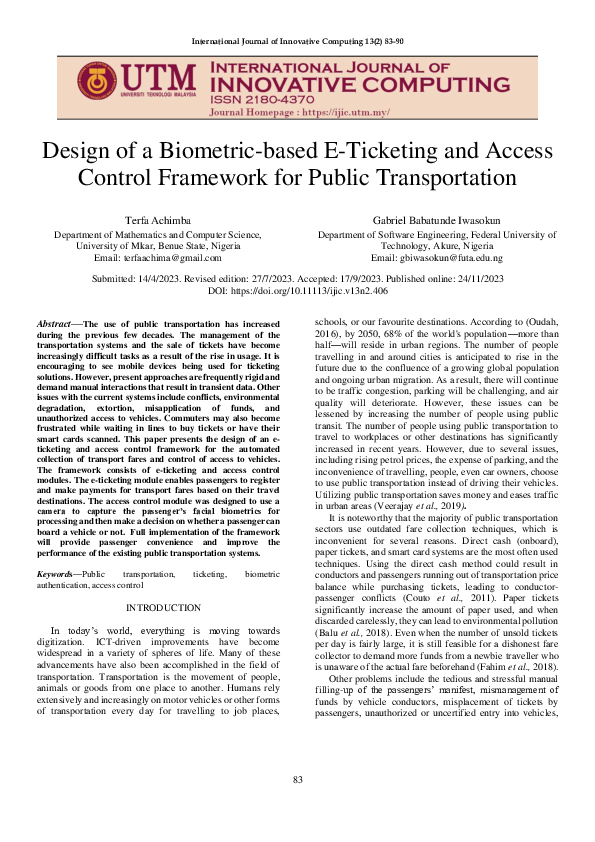 (PDF) Design of a Biometric-based E-Ticketing and Access Control Framework for Public Transportation