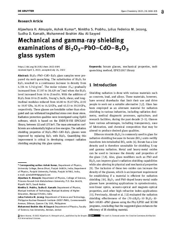 (PDF) Mechanical and gamma-ray shielding examinations of Bi2O3–PbO–CdO ...