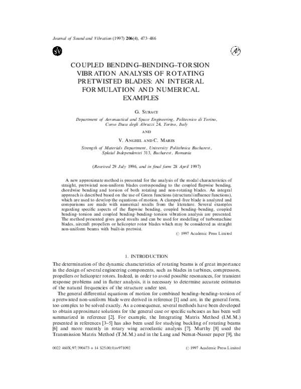 Pdf Coupled Bending Bending Torsion Vibration Analysis Of Rotating Pretwisted Blades An