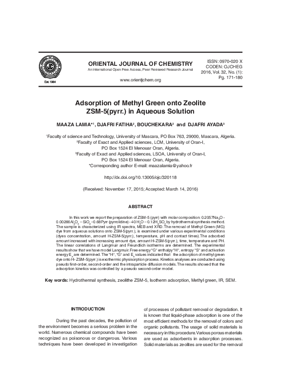 (PDF) Adsorption of Methyl Green onto Zeolite ZSM-5(pyrr.) in aqueous ...