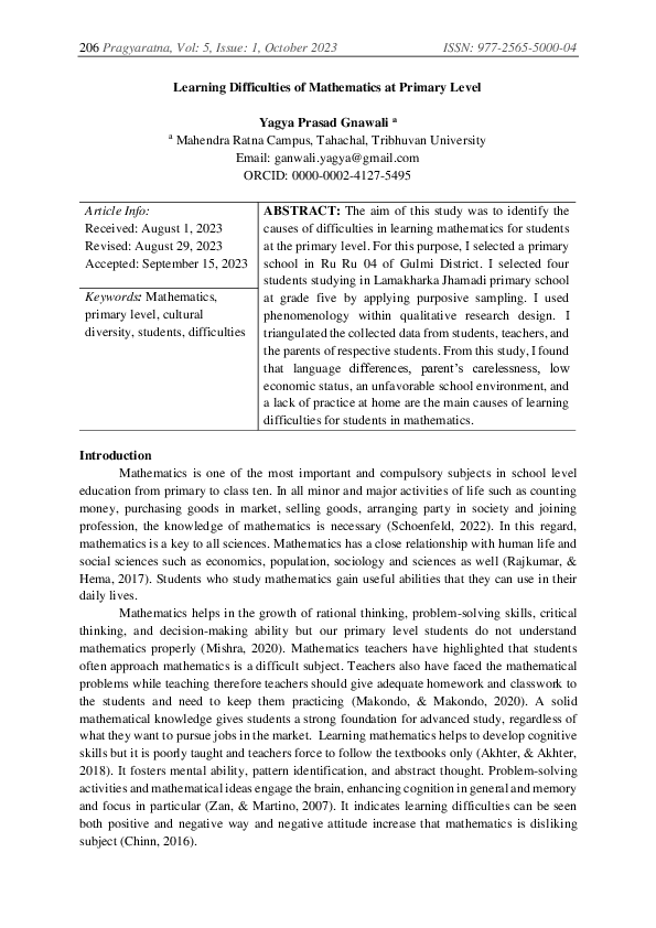 (PDF) Learning Difficulties of Mathematics at Primary Level