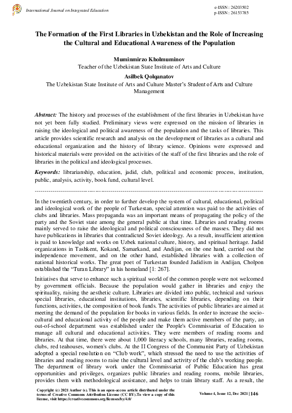 (PDF) The Formation of the First Libraries in Uzbekistan and the Role of Increasing the Cultural ...