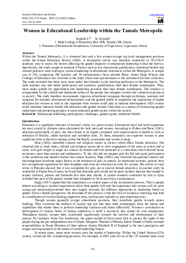 (PDF) Women in Educational Leadership within the Tamale Metropolis