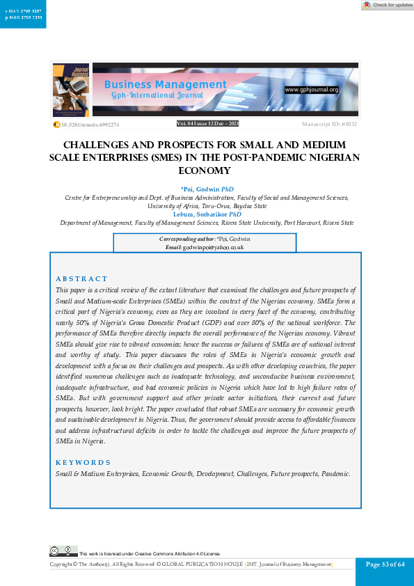 (PDF) Challenges and Prospects for Small and Medium Scale Enterprises (Smes) in the Post ...