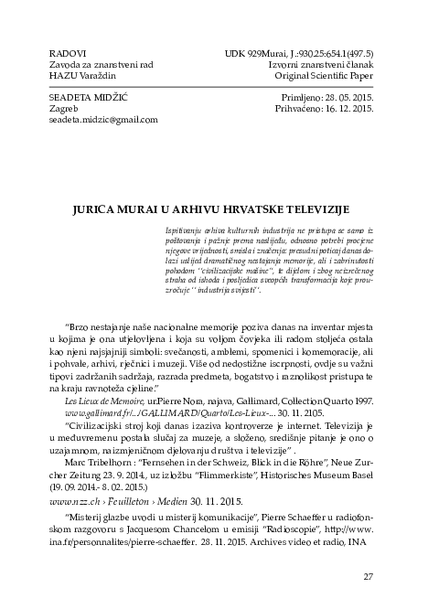 (PDF) Jurica Murai in the Archives of the Croatian Television | Seadeta ...