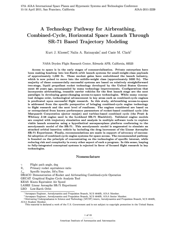 (PDF) A Technology Pathway for Airbreathing, Combined-Cycle, Horizontal ...