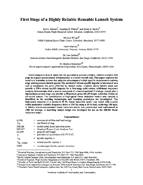 (PDF) First Stage of a Highly Reliable Reusable Launch System