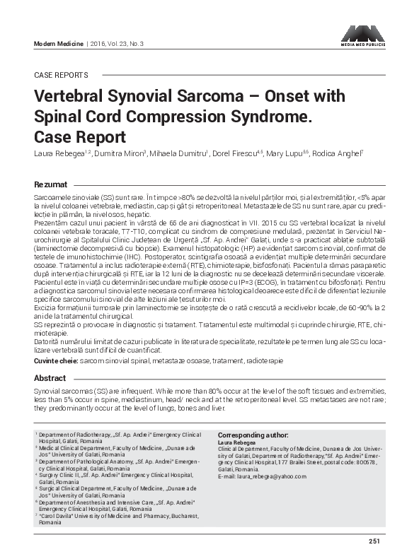 (PDF) Vertebral Synovial Sarcoma – Onset with Spinal Cord Compression ...