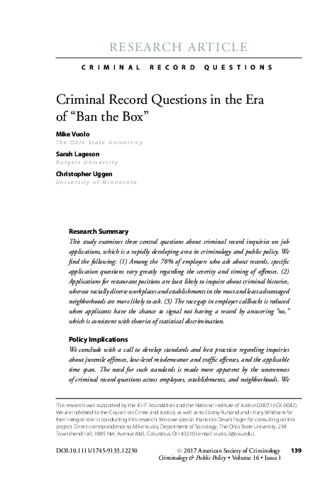 (PDF) Criminal Record Questions in the Era of “Ban the Box”