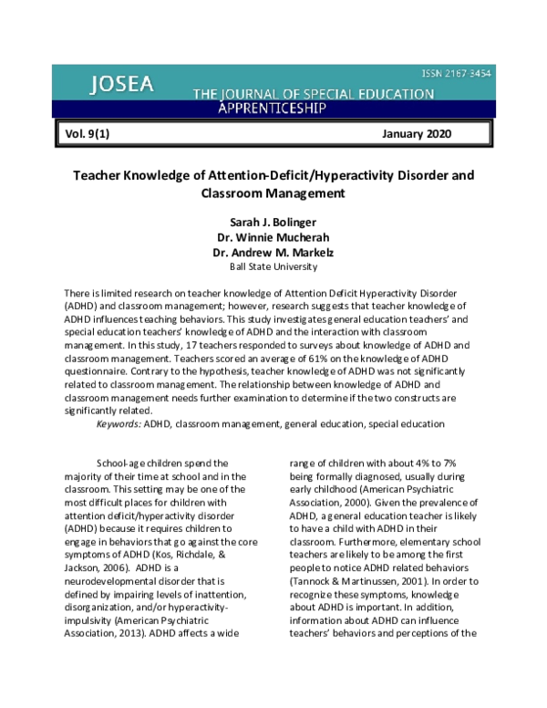 (PDF) Teacher Knowledge of Attention-Deficit/Hyperactivity Disorder and ...