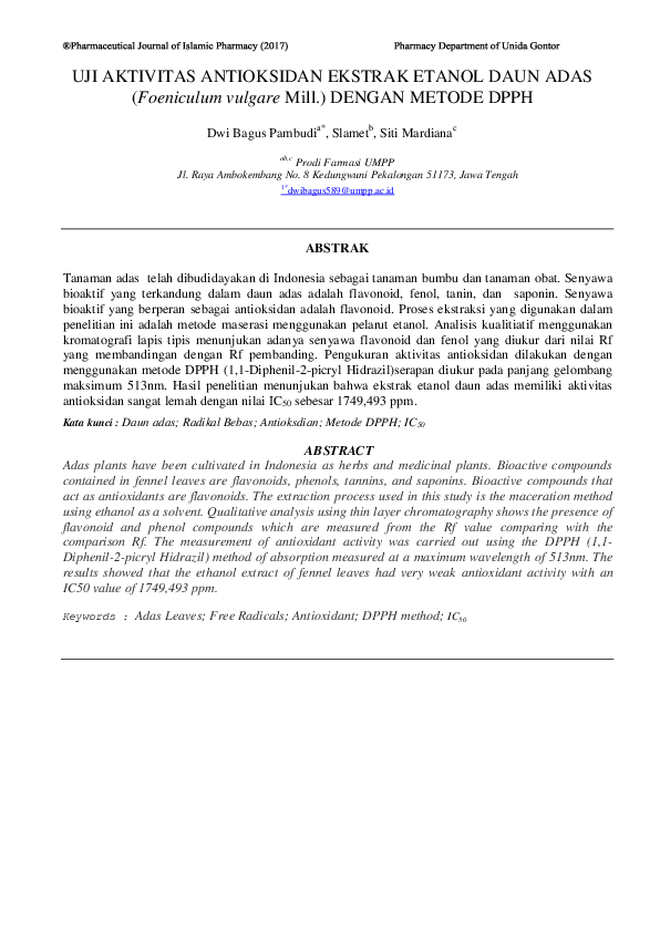 (PDF) UJI AKTIVITAS ANTIOKSIDAN EKSTRAK ETANOL DAUN ADAS (Foeniculum ...
