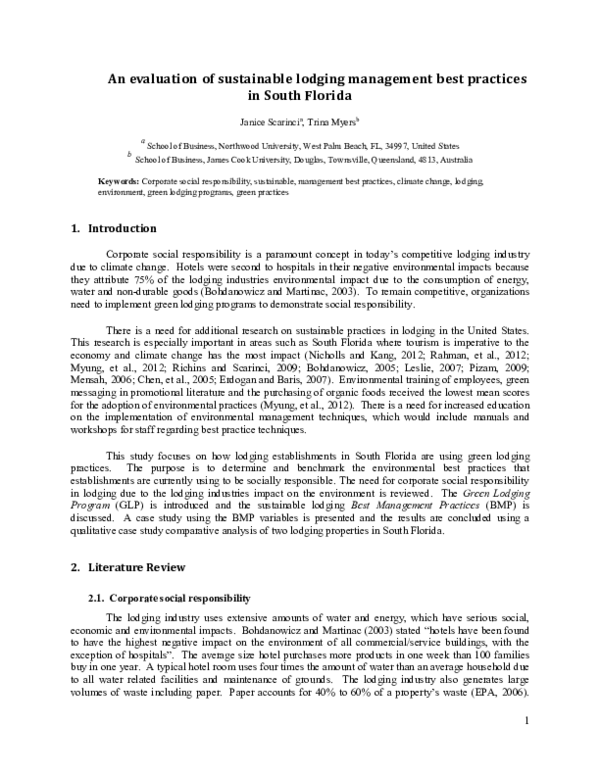 (PDF) An evaluation of sustainable lodging management best practices in ...