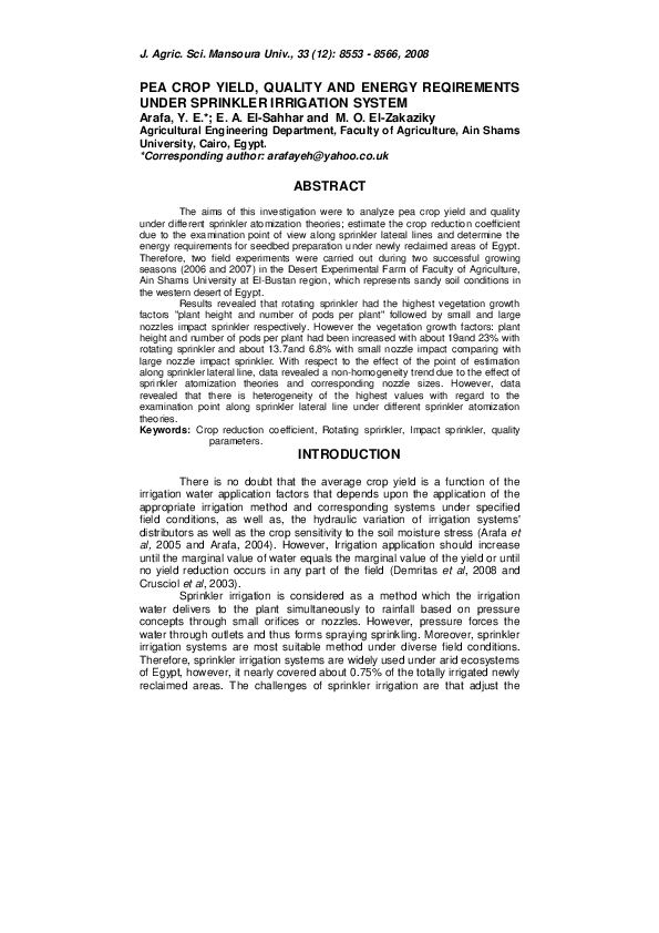 (PDF) Pea Crop Yield, Quality and Energy Reqirements Under Sprinkler ...