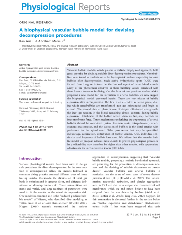Pdf A Biophysical Vascular Bubble Model For Devising Decompression Procedures 3751