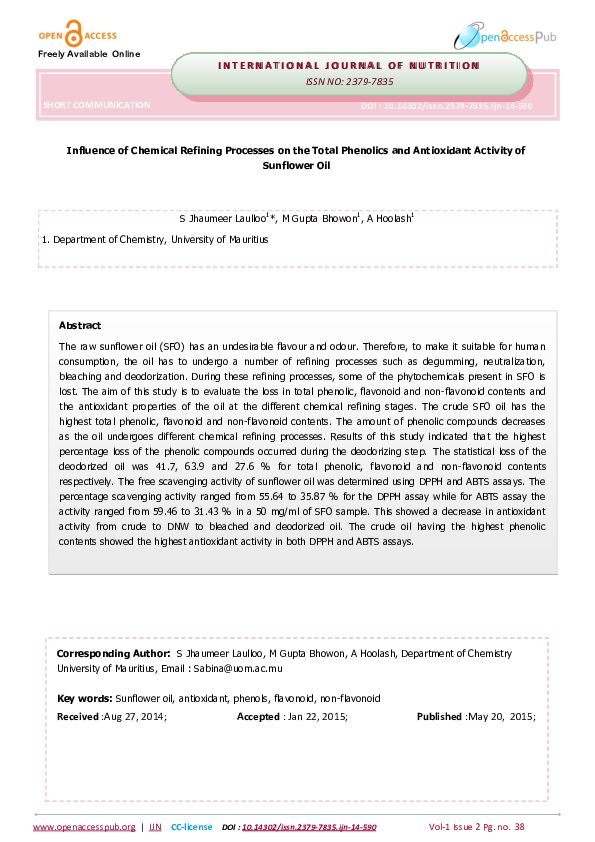 (PDF) Influence Of Chemical Refining Processes On The Total Phenolics And Antioxidant Activity ...