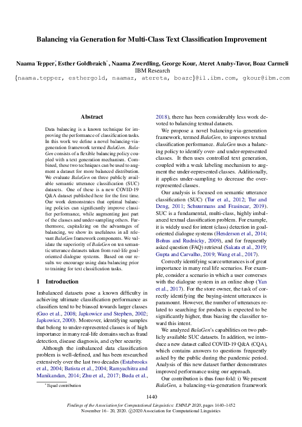 Pdf Balancing Via Generation For Multi Class Text Classification Improvement