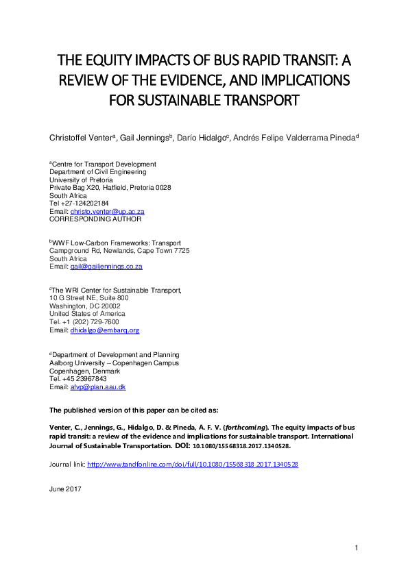(PDF) The equity impacts of bus rapid transit: A review of the evidence ...