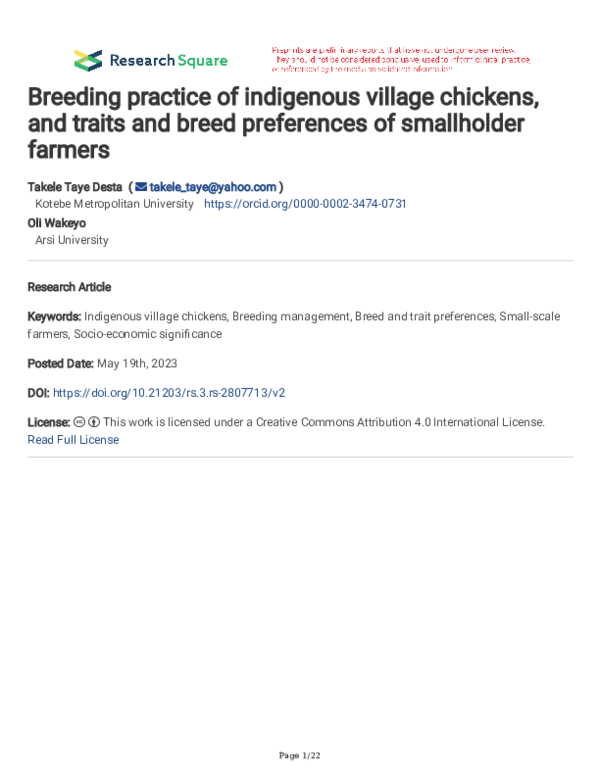 (PDF) Breeding practice of indigenous village chickens, and traits and ...