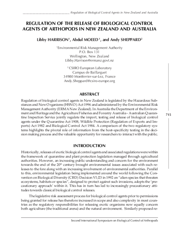 (PDF) Regulation of the release of biological control agents of arthropods in New Zealand and ...