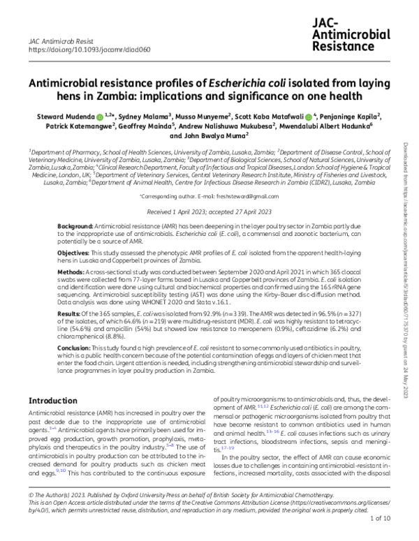 (PDF) Antimicrobial resistance profiles of Escherichia coli isolated from laying hens in Zambia ...