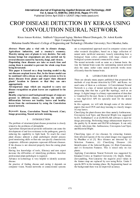 (PDF) Crop Disease Detection by Keras Using Convolution Neural Network