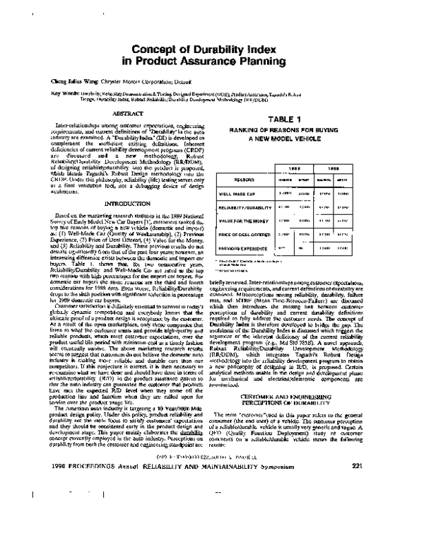 (PDF) Concept of durability index in product assurance planning ...