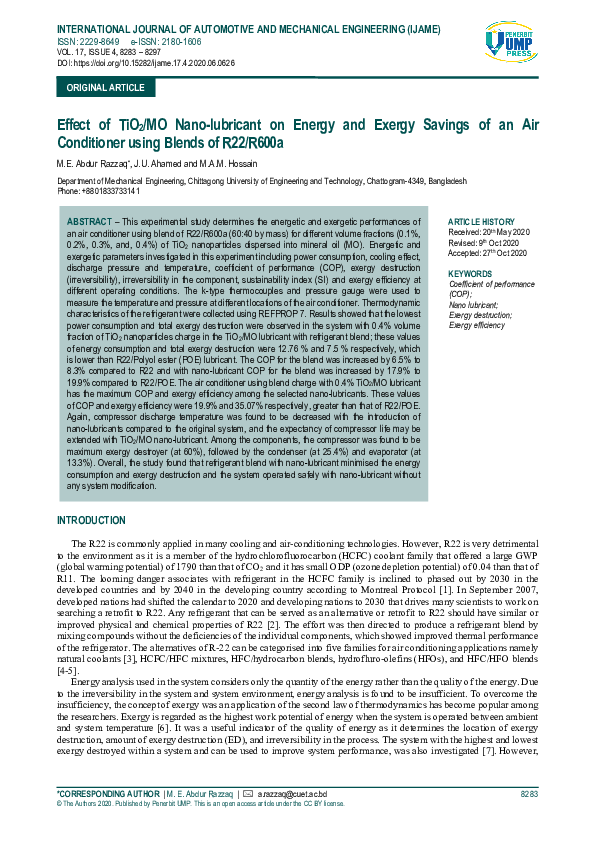 Pdf Effect Of Tio2 Mo Nano Lubricant On Energy And Exergy Savings Of An Air Conditioner Using