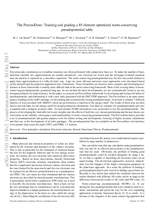 (PDF) The PseudoDojo: Training and grading a 85 element optimized norm-conserving ...