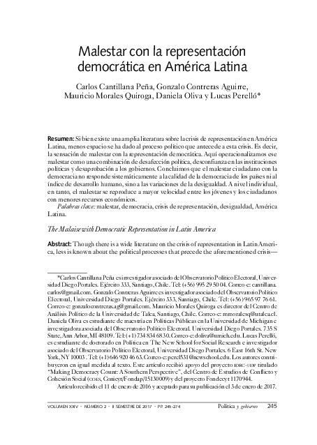 (PDF) Malestar con la representación democrática en América Latina