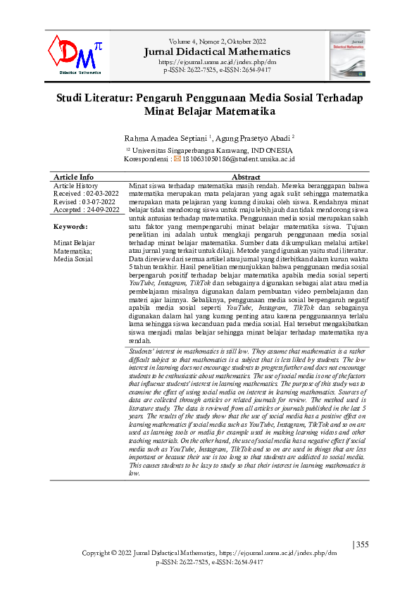 (PDF) Studi Literatur: Pengaruh Penggunaan Media Sosial Terhadap Minat Belajar Matematika