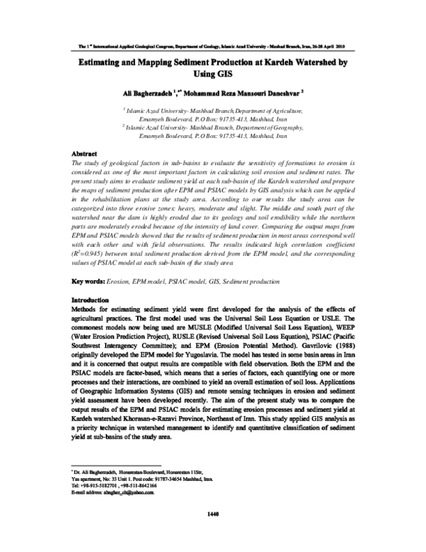 (PDF) Estimating and Mapping Sediment Production at Kardeh Watershed by Using GIS