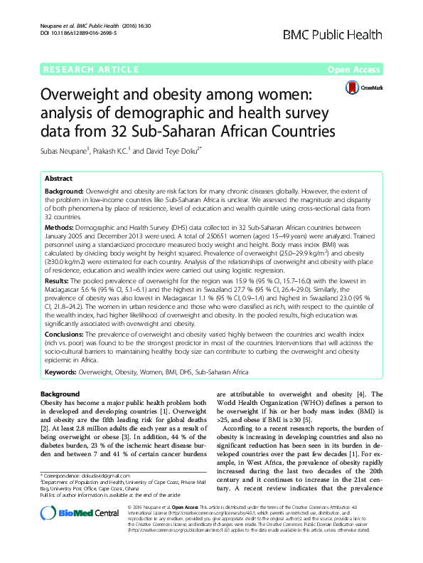 (PDF) Overweight and obesity among women: analysis of demographic and health survey data from 32 ...