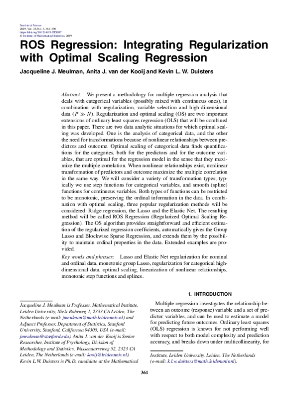 (PDF) ROS Regression: Integrating Regularization with Optimal Scaling Regression