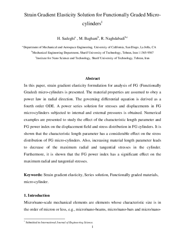 (PDF) Strain Gradient Elasticity Solution for Functionally Graded Micro-cylinders | Mostafa ...