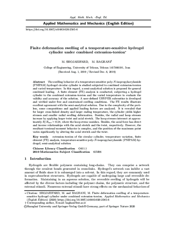 (PDF) Finite deformation swelling of a temperature-sensitive hydrogel cylinder under combined ...