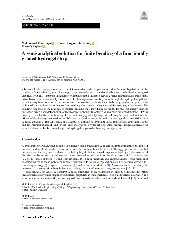 Pdf A Semi Analytical Solution For Finite Bending Of A Functionally Graded Hydrogel Strip