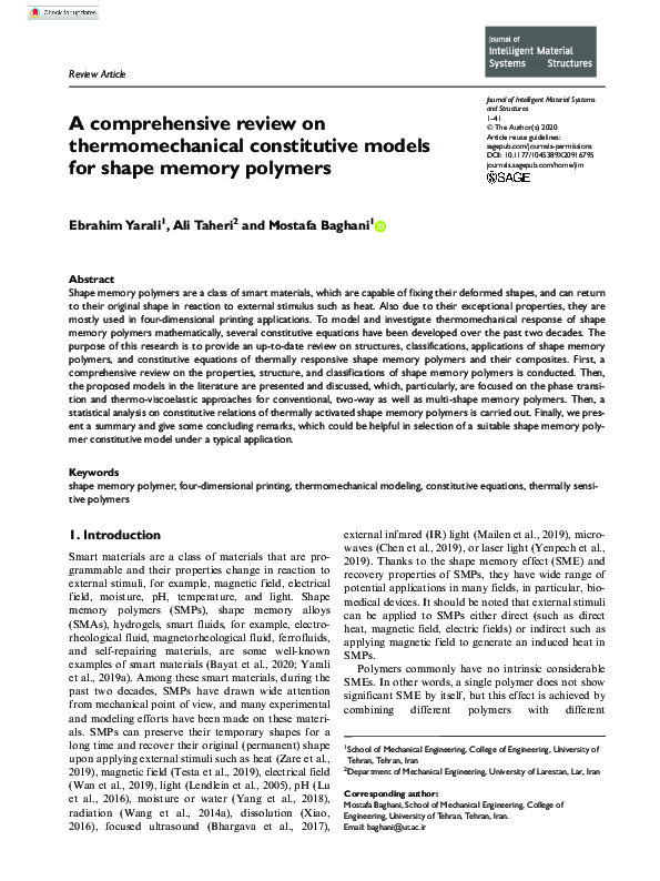 (PDF) A comprehensive review on thermomechanical constitutive models for shape memory polymers