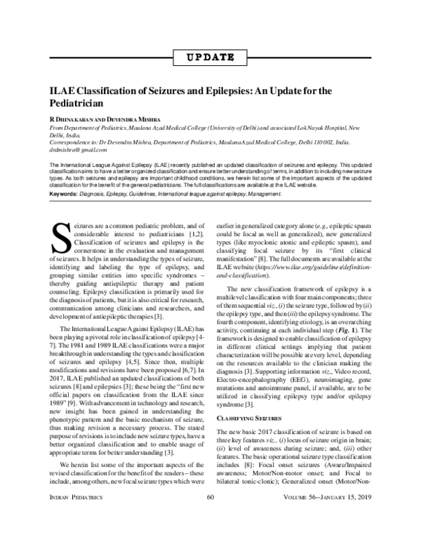 (PDF) ILAE Classification of Seizures and Epilepsies: An Update for the ...