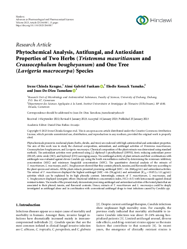 (PDF) Phytochemical Analysis, Antifungal, and Antioxidant Properties of Two Herbs (Tristemma ...