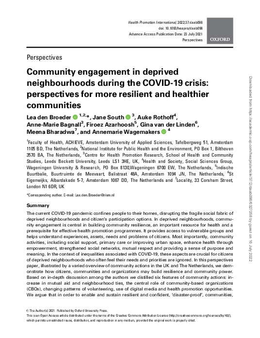 (PDF) Community engagement in deprived neighbourhoods during the COVID-19 crisis: perspectives ...