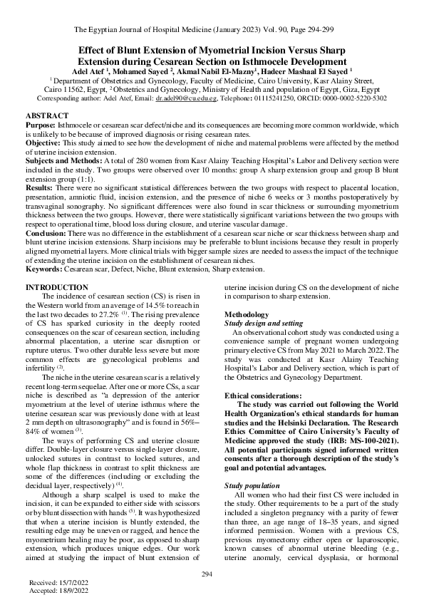 (PDF) Effect of Blunt Extension of Myometrial Incision Versus Sharp ...