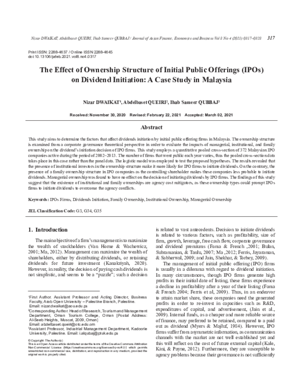 (PDF) The Effect of Ownership Structure of Initial Public Offerings (IPOs) on Dividend ...