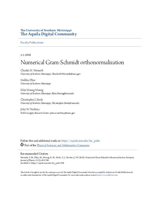 (PDF) Efficient Numerical Gram-Schmidt Orthonormalization Method