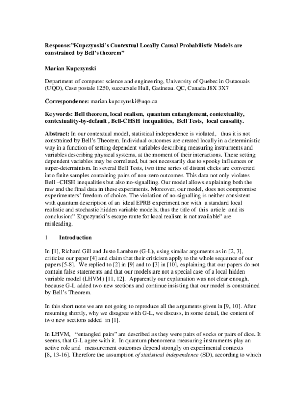 (PDF) Response: Kupczynski Contextual Locally Causal Probabilistic ...