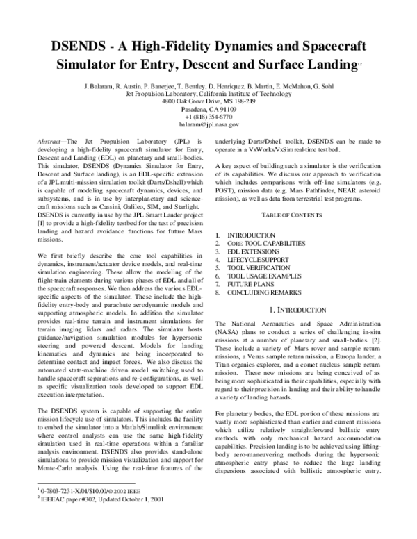 (PDF) DSENDS - A high-fidelity dynamics and spacecraft simulator for ...